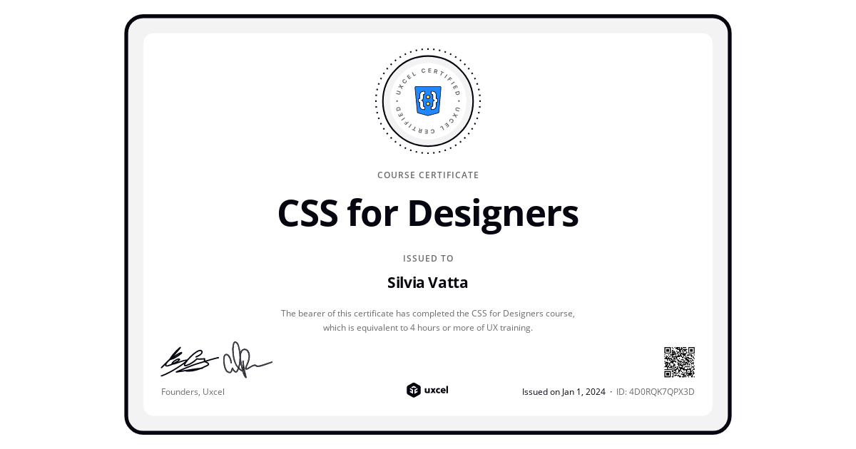 Certificate of completion for CSS Foundations | Uxcel
